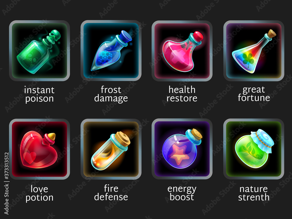 Game potions. Cartoon glass jars of magic elixirs, poison, antidote and ...