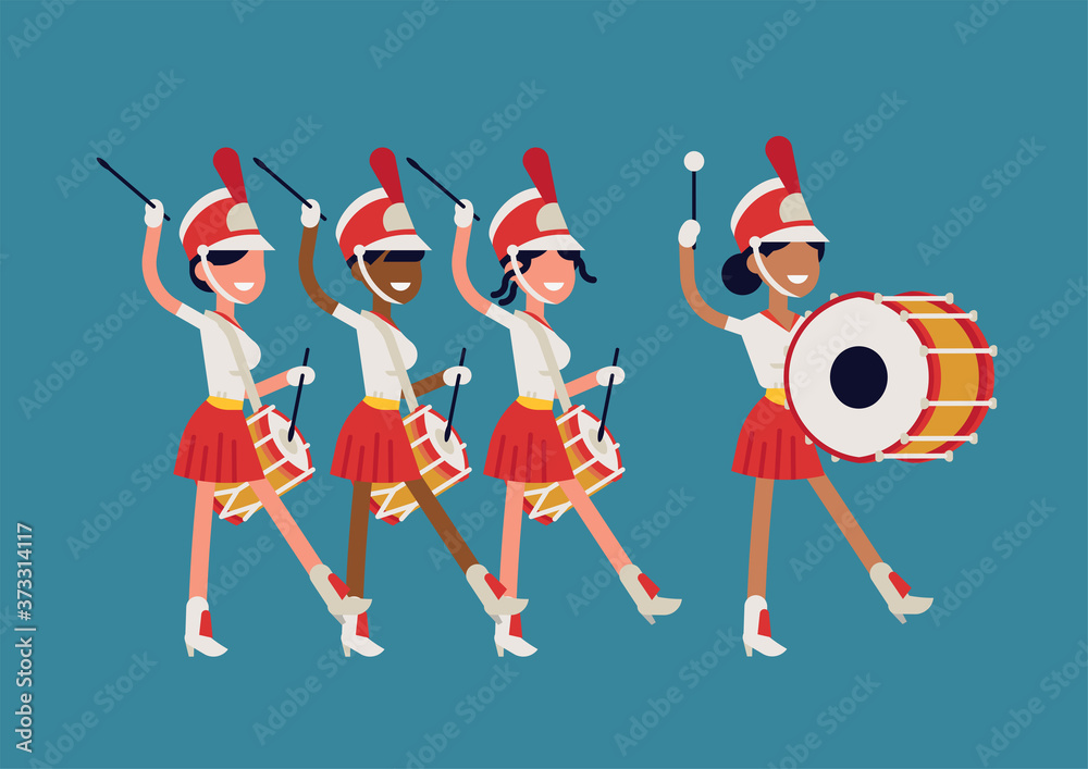 Girls marching band flat vector illustration. Abstract parade drummer ...