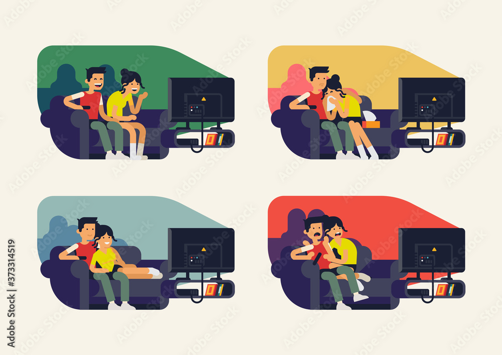 Couple watching TV series. Vector flat character design on couple ...