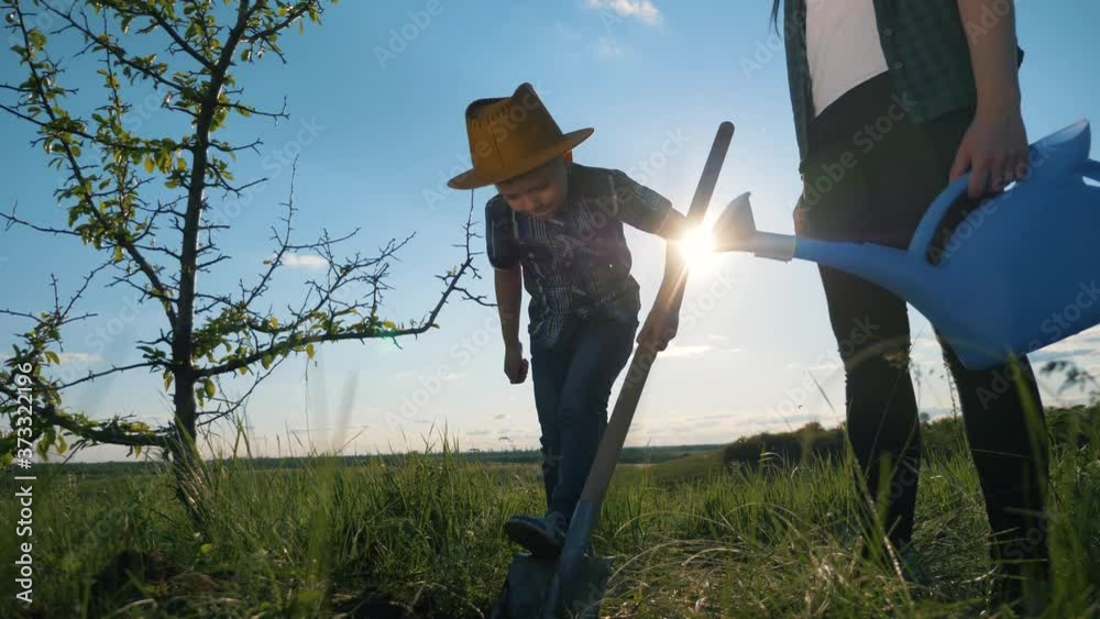 Teamwork, a symbol of success. Happy family at sunset, mother and son ...