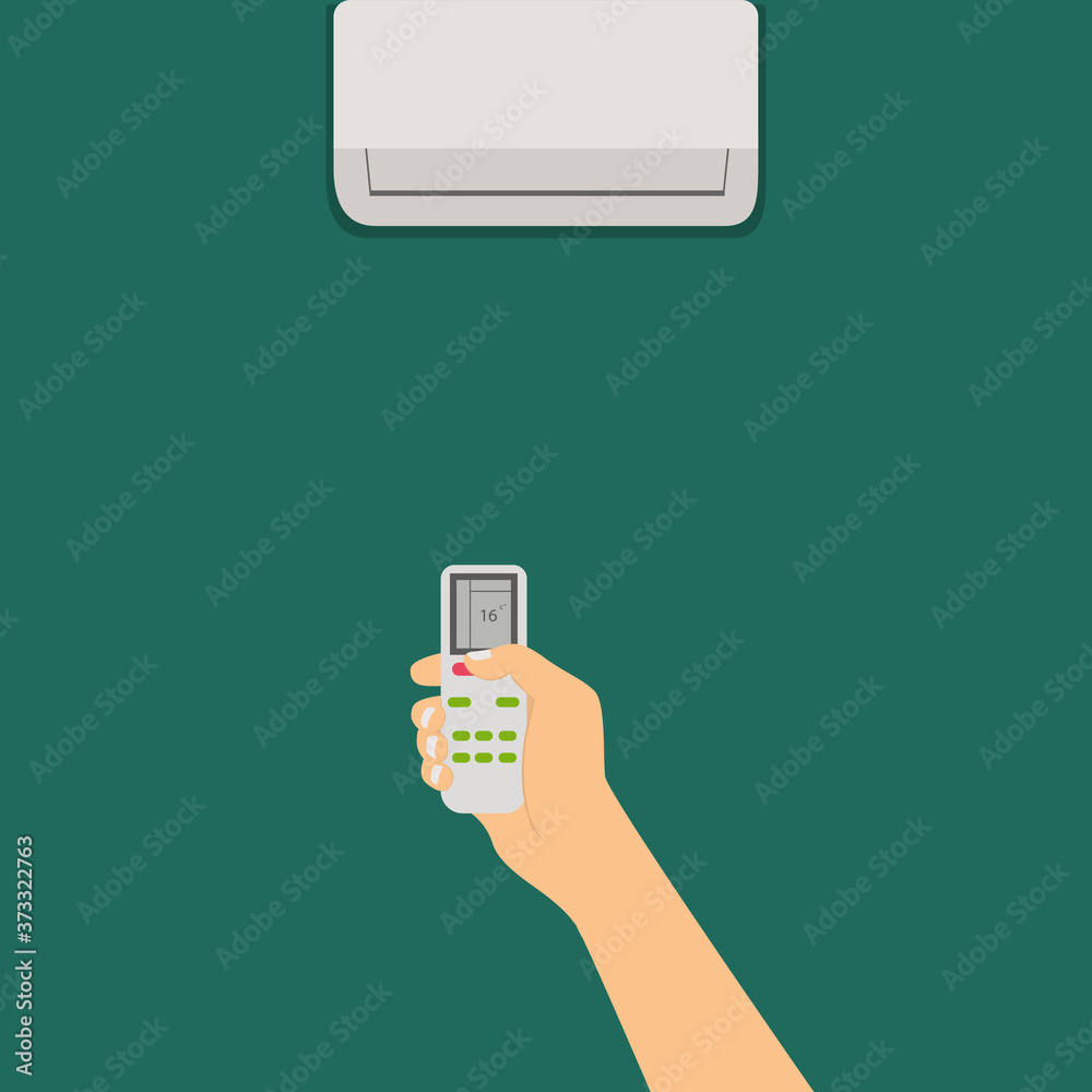 Hand holding the ac remote, turn on the ac remote , flat design vector ...