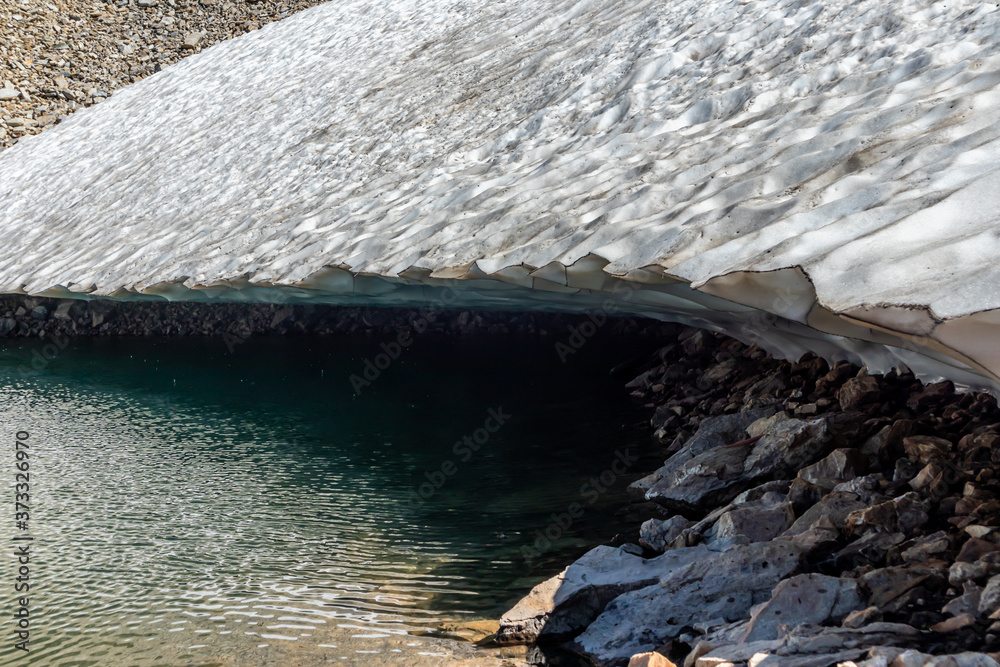 Glacial lake of melting ice of glacier and rocks in Summer. Partially ...