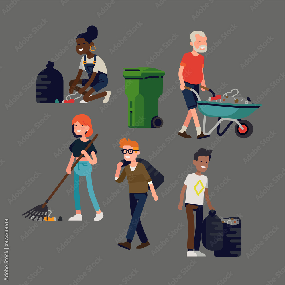 Set of flat vector illustrations of people cleaning up. Collection of ...