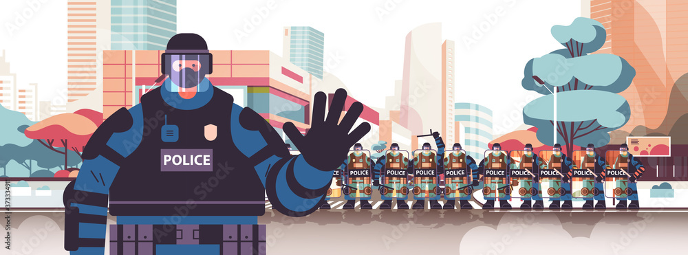 policeman in full tactical gear riot police officer waving hand ...