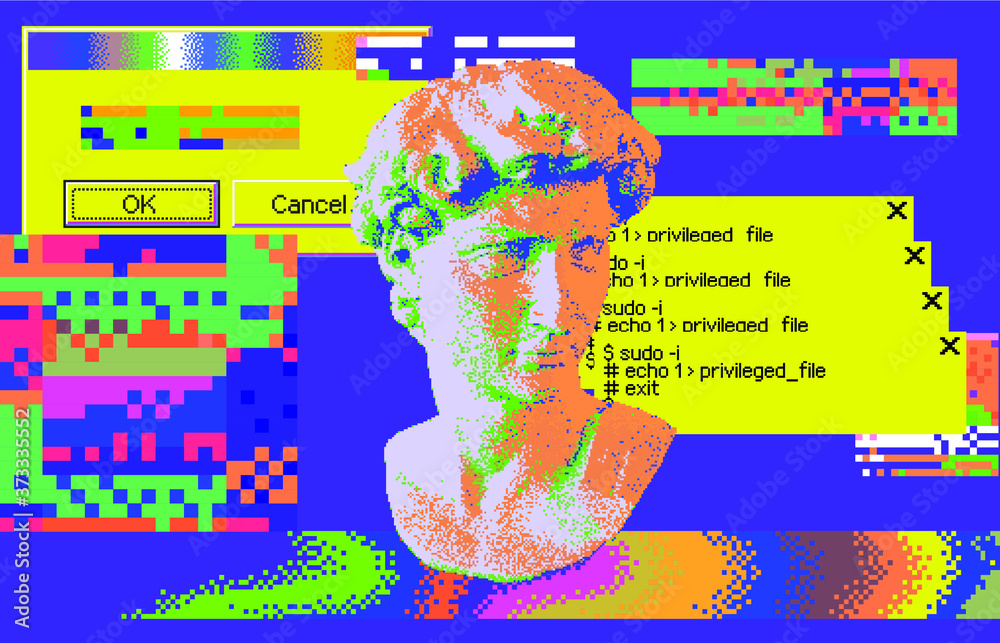 Cyberpunk-style collage with plaster 3D head and pixel artifacts ...