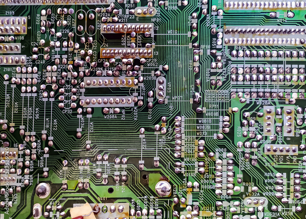 Old digital Board from a personal computer close-up. Technological ...
