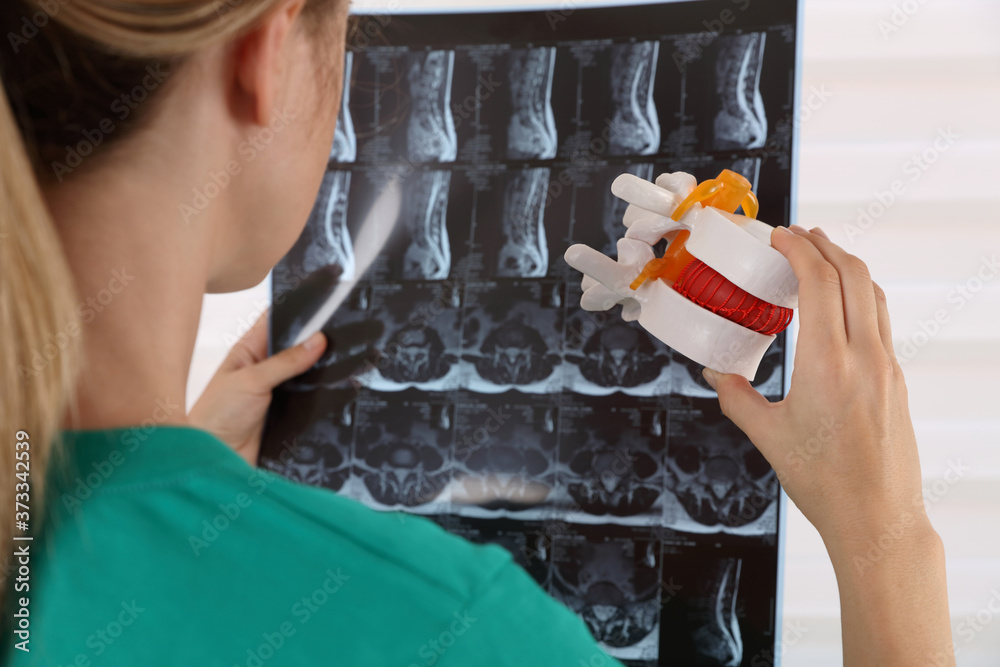 Back pain relief concept. Doctor chiropractor explains causes of back ...