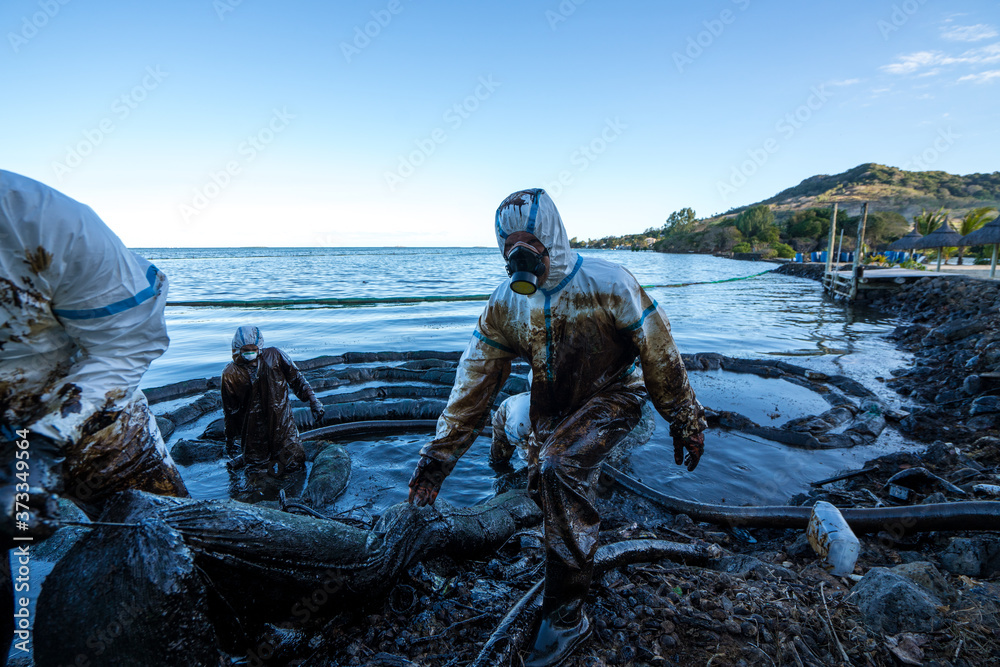 Volunteers clean the ocean coast from oil after a tanker wreck ...