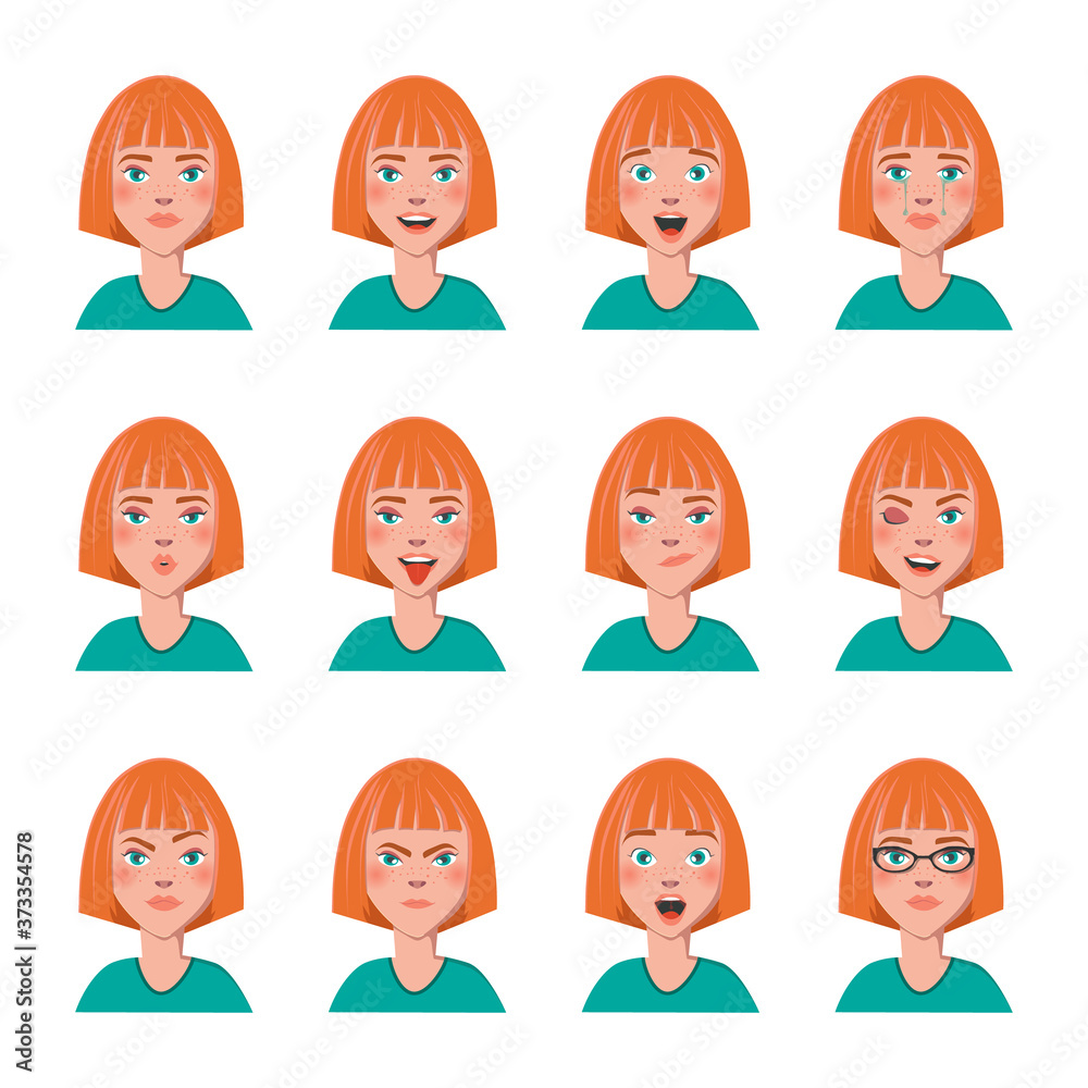 Set of Ginger and Green Eyed Women Portraits with Twelve Different ...