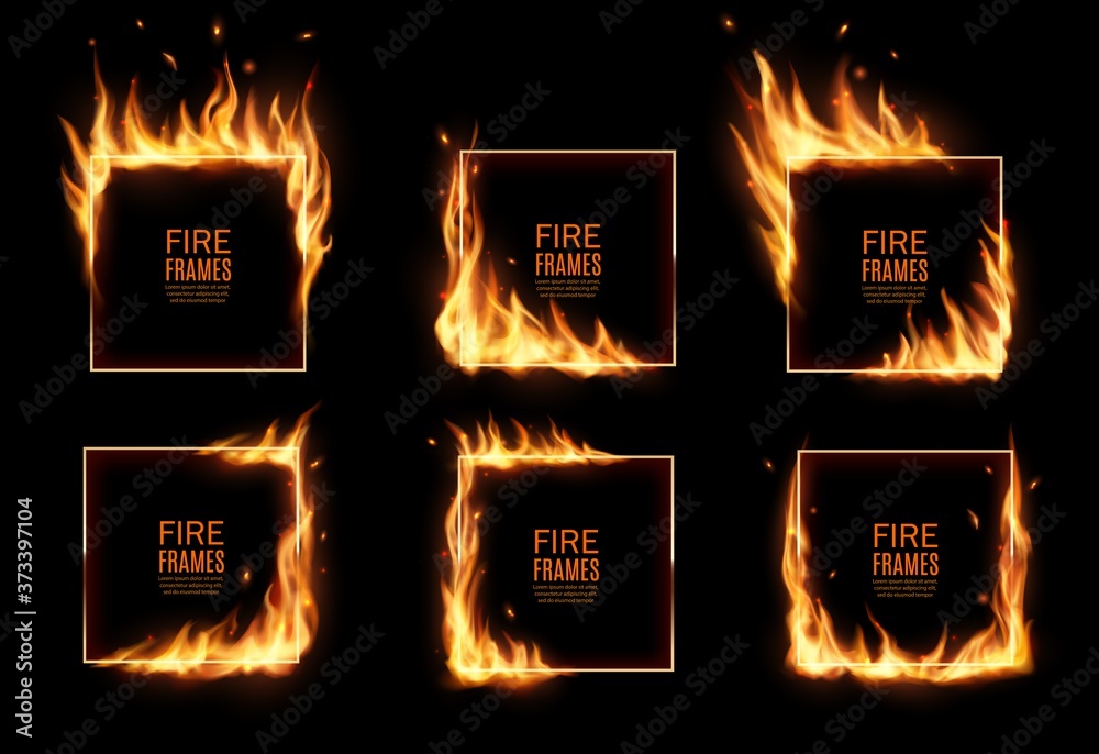 Square frames in fire, vector burning borders. Realistic burn flame ...