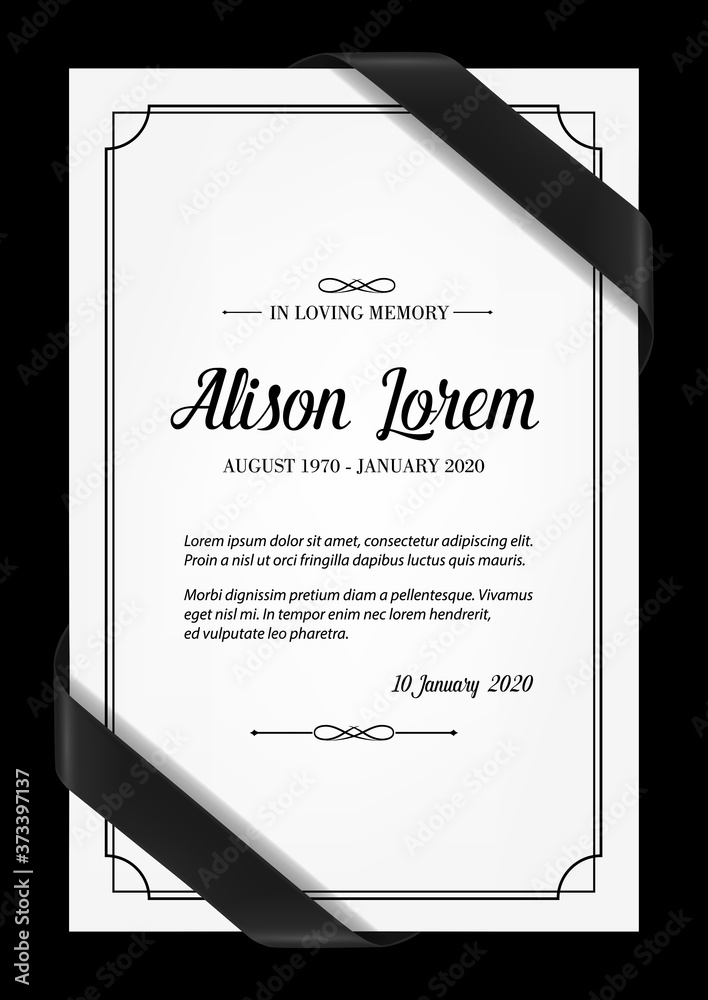 Funeral card vector template with black frame, mourning ribbons in corners, place for name ...