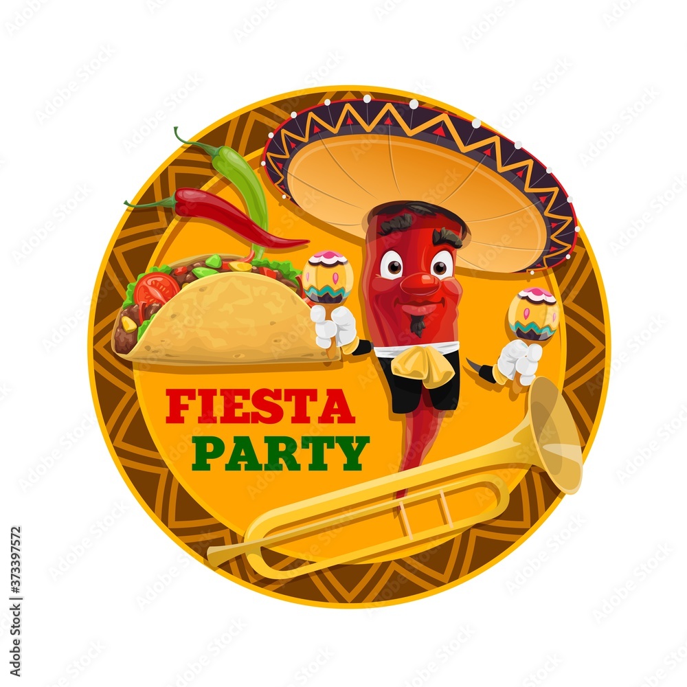 Mexican fiesta party vector design of red chilli cartoon character ...