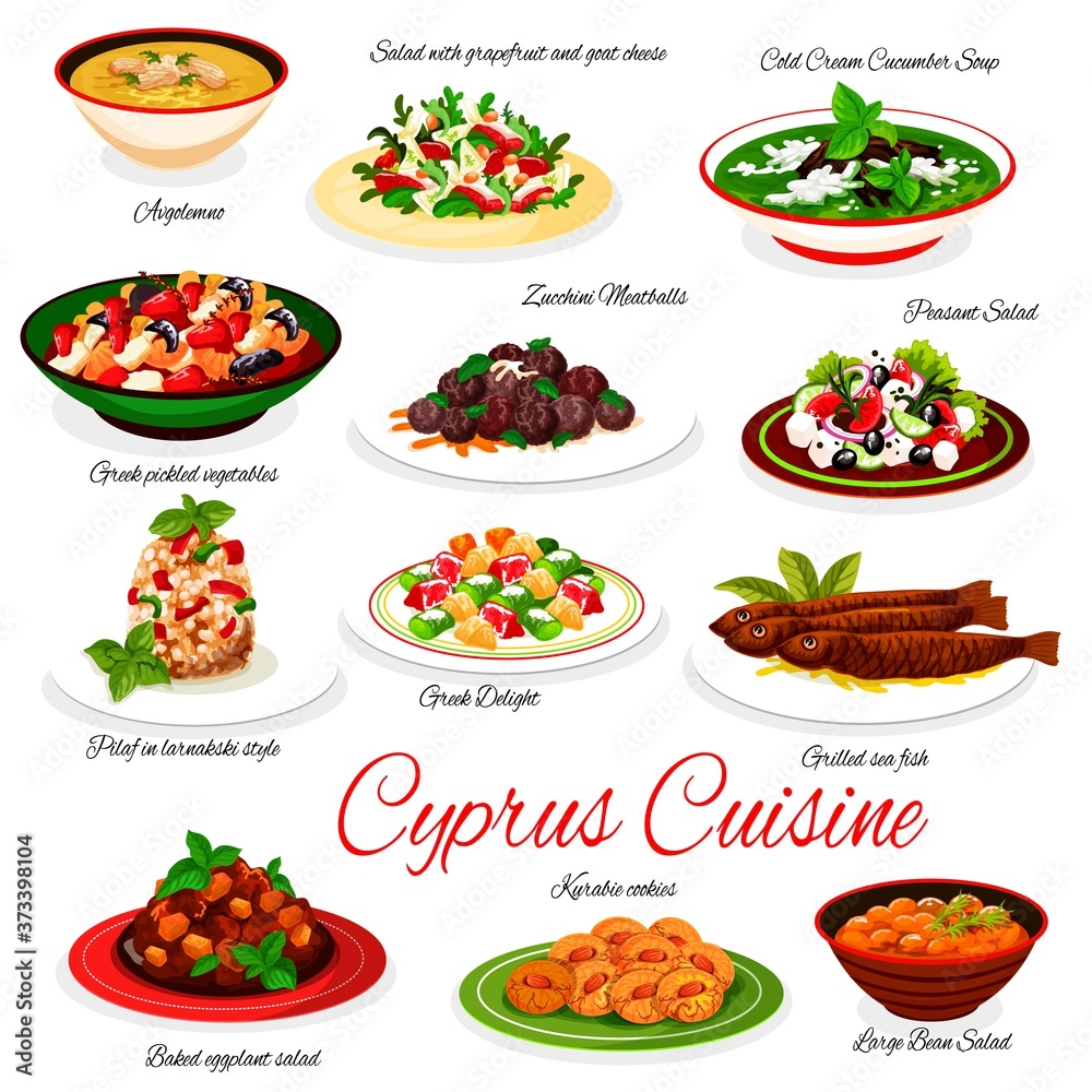 Cyprus cuisine vector menu avgolemno, zucchini meatballs, salad with ...
