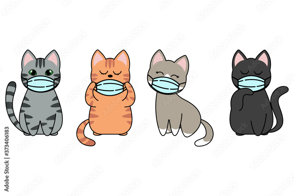 Different cartoon cat characters set and cat face mask covid19, pm 2.5 ...