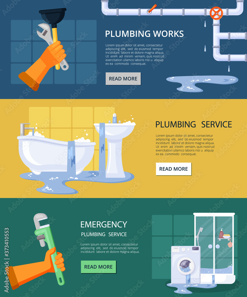 Emergency plumbing horizontal banners. Repair clogged pipe drain ...