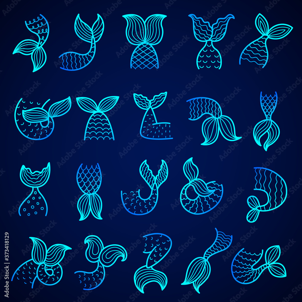 Tails of mermaid. Ocean water symbols drawn tails of fishes scale ...