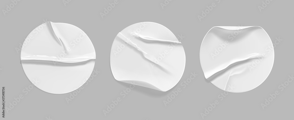White round crumpled sticker mock up set. Adhesive white paper or ...