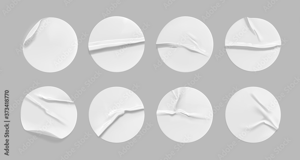 White round crumpled sticker mock up set. Adhesive white paper or ...