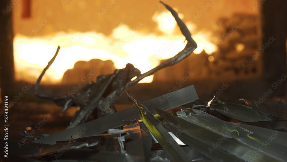Red-hot aluminium in bowl in aluminium plant. Aluminium foundry furnace ...