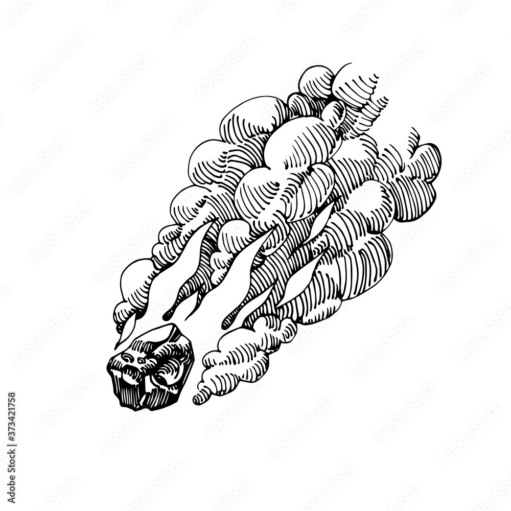 falling meteorite with flames & cloud of smoke, cosmic celestial body ...