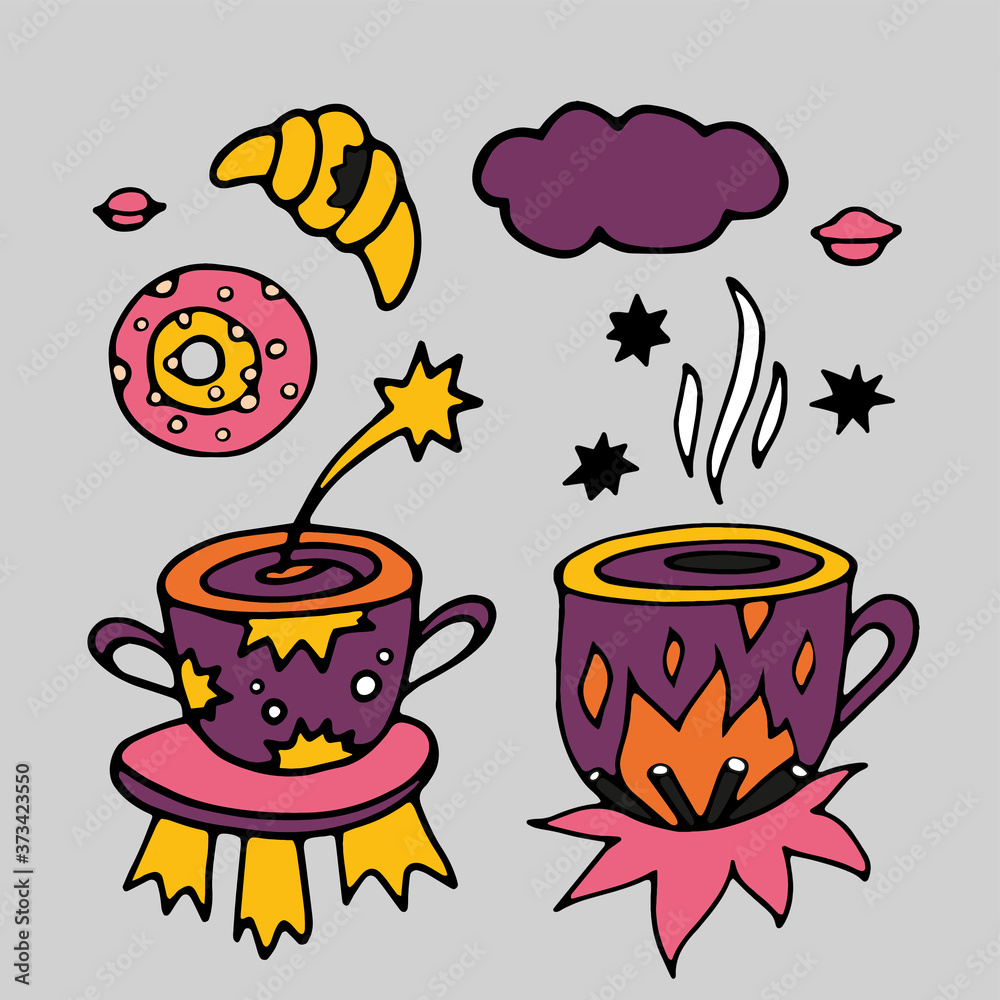 Tea Cup and coffee Cup in space style. Cupcakes and croissants in space ...