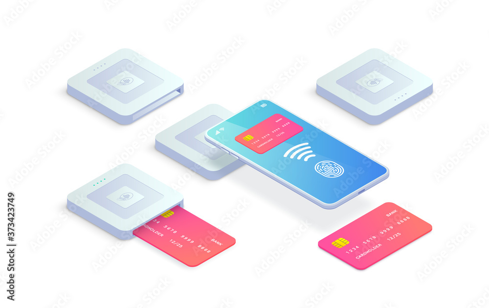 Isometric EMV chip credit card square reader icon set. Secure cashless ...