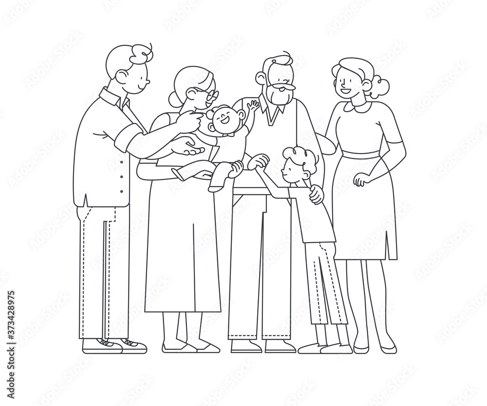 Family portrait, parents, grandparents and children standing together ...