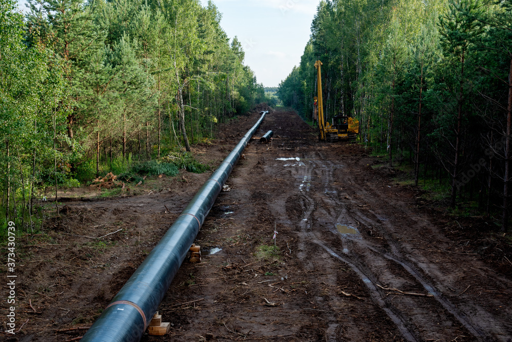 Crude oil and Natural gas pipeline construction work in forest area ...