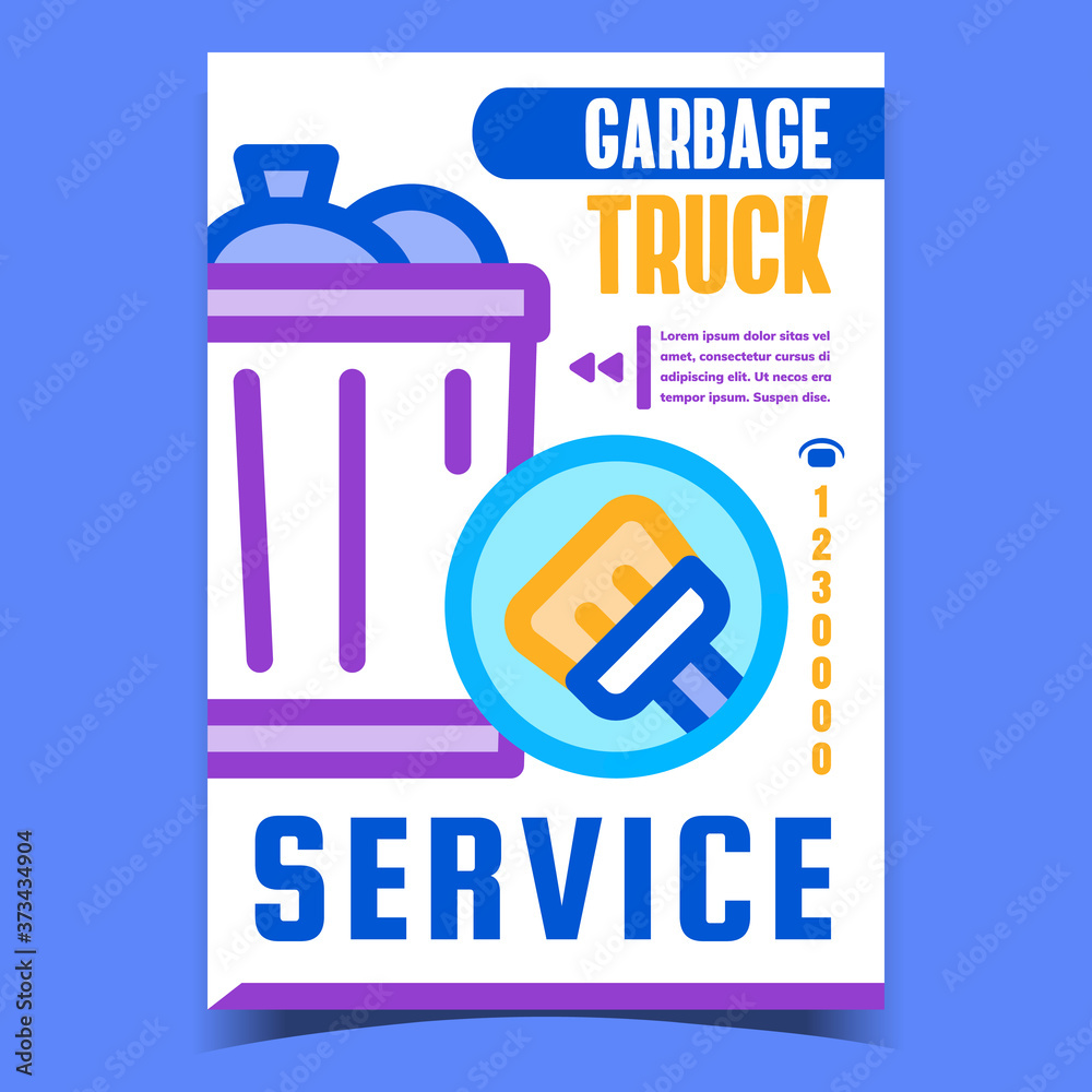 Garbage Truck Service Advertising Banner Vector. Garbage Bucket And ...