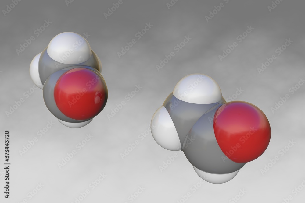 Molecular model of acetaldehyde. Atoms are represented as spheres with ...