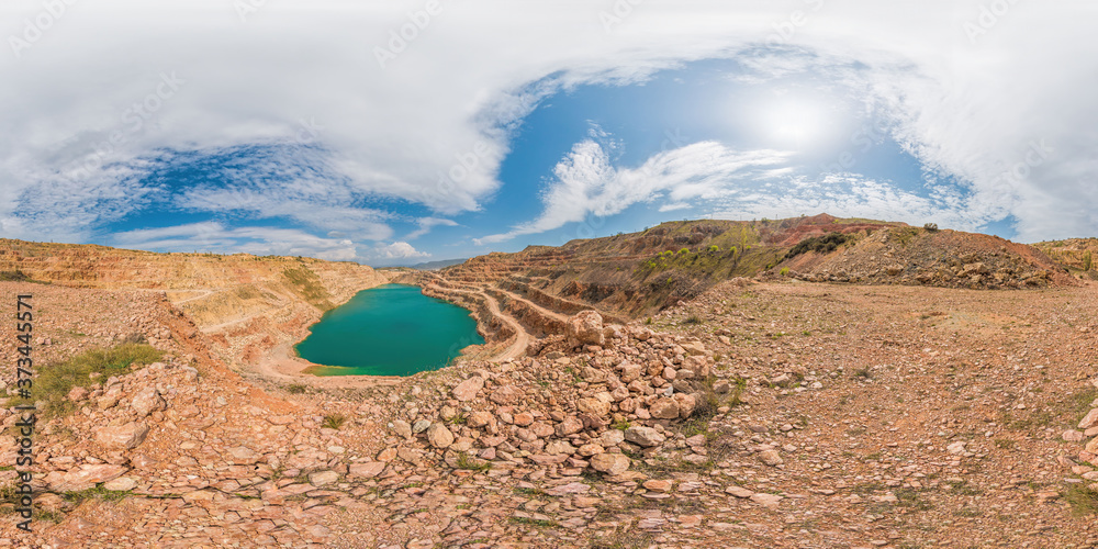 Spherical panorama of emerald lake in a flooded quarry. Emerald green ...