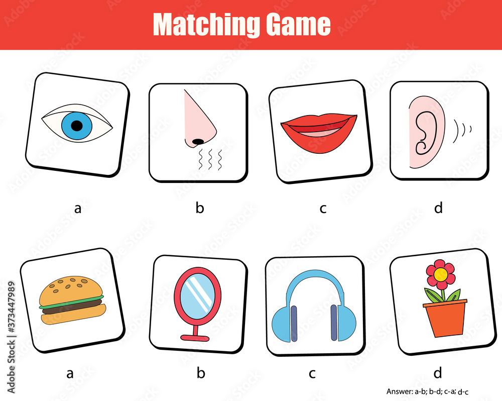 Matching children educational game. Match objects and human senses ...