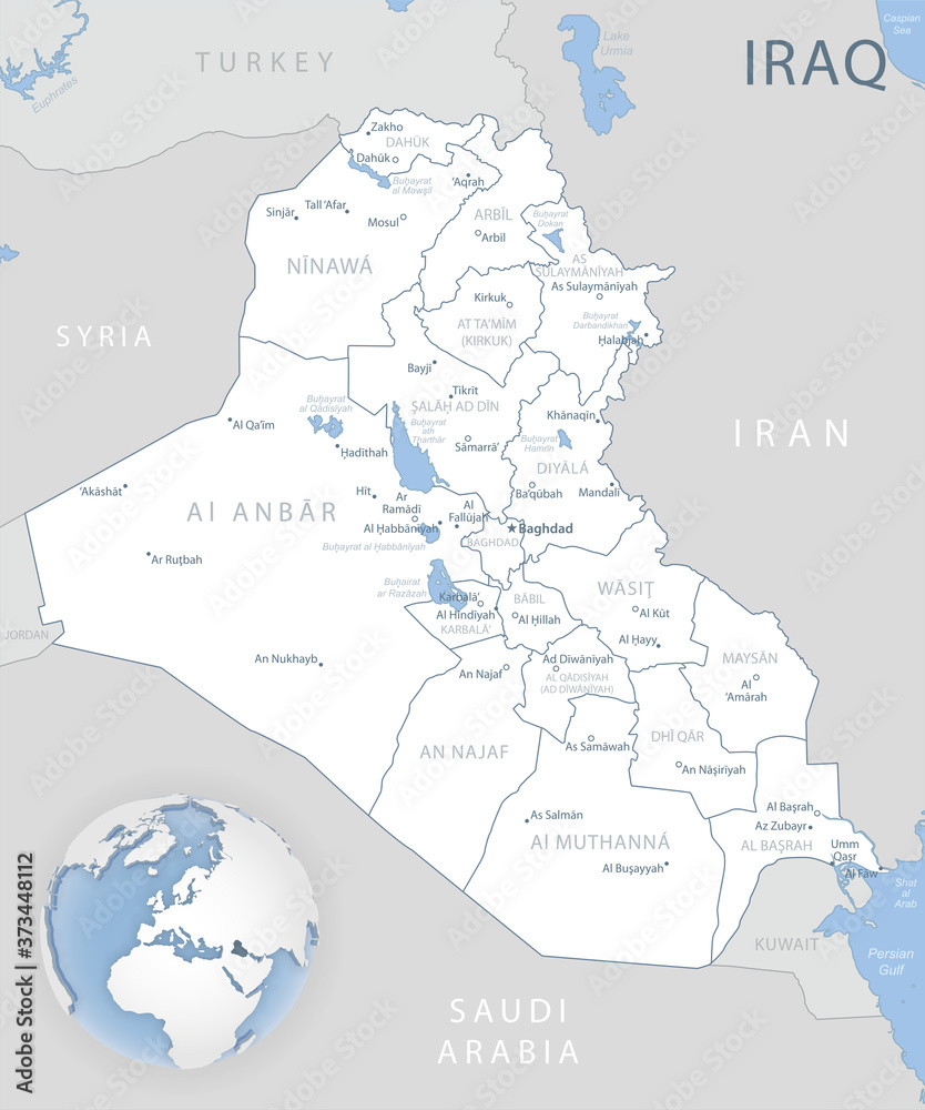 Blue-gray detailed map of Iraq administrative divisions and location on ...