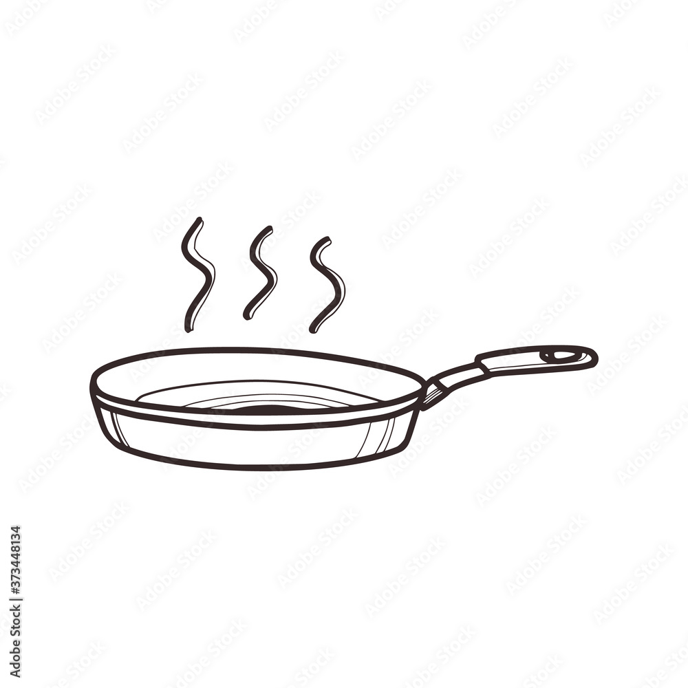 Linear sketch of a kitchen frying pan in doodle style.. Cooking concept ...