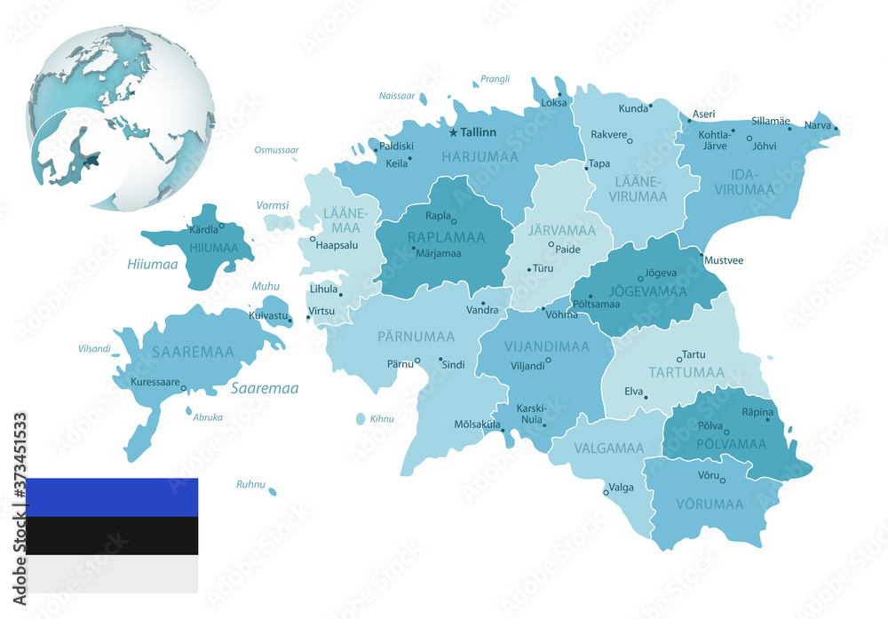 Estonia administrative blue-green map with country flag and location on ...