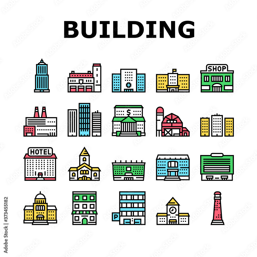Building Architecture Collection Icons Set Vector. Skyscraper And Bank ...