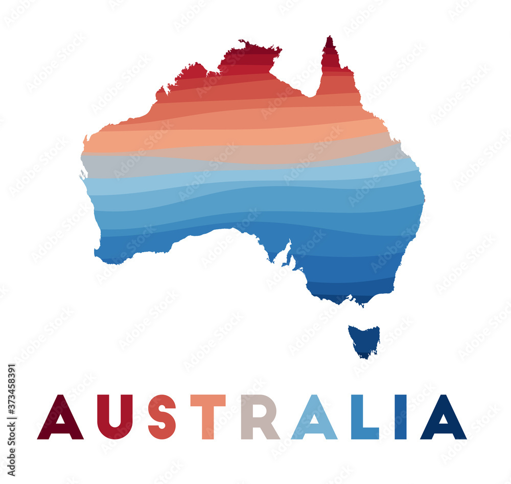 Australia map. Map of the country with beautiful geometric waves in red ...
