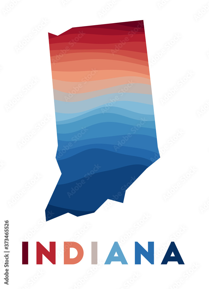 Indiana map. Map of the us state with beautiful geometric waves in red ...