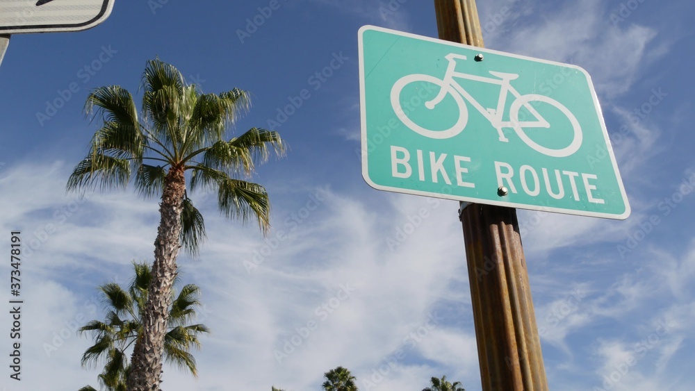 Bike Route green road sign in California, USA. Bicycle lane singpost ...