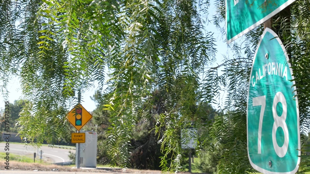 Freeway entrance sign on interchange crossraod in San Diego county ...
