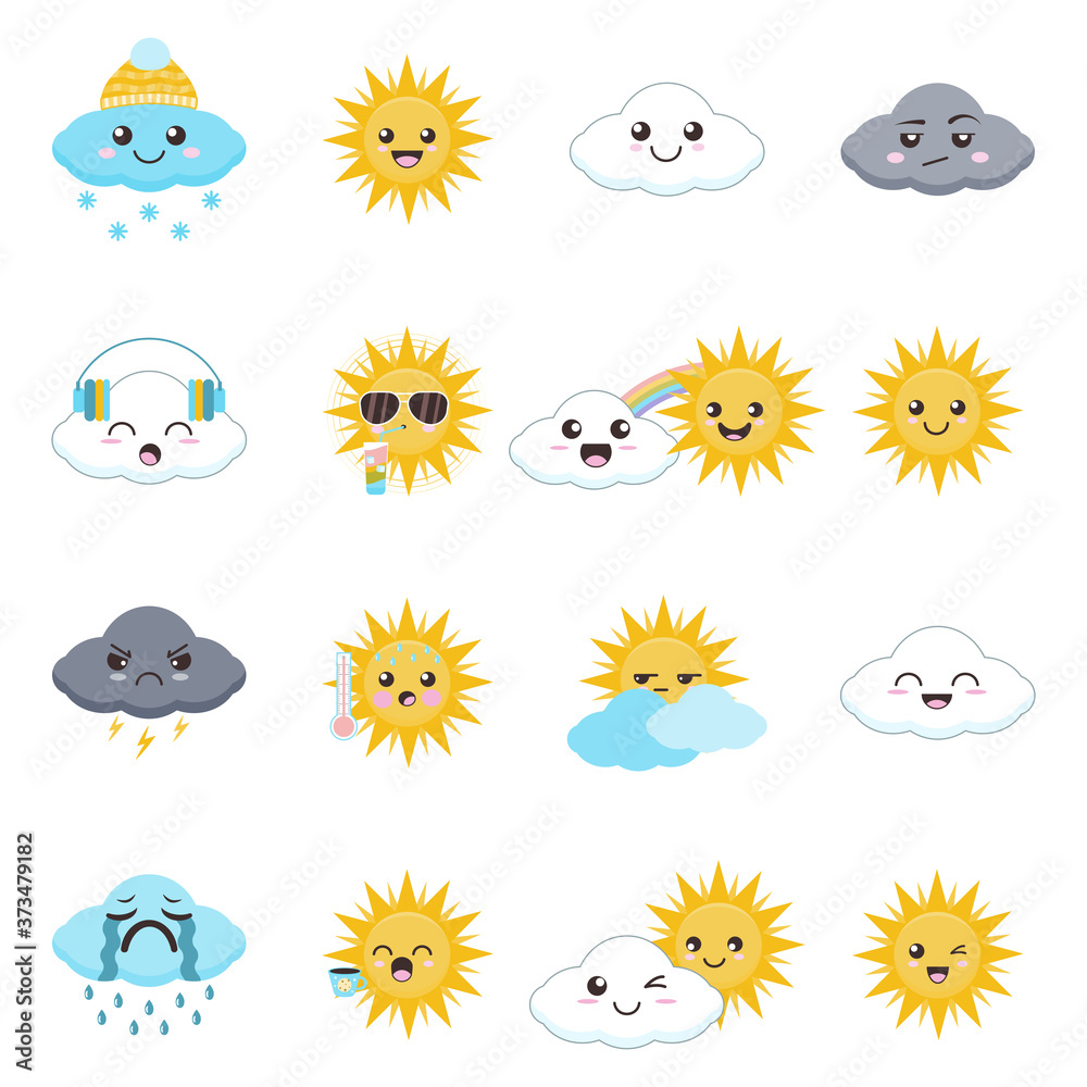 Cute cartoon collection of emoji sun and cloud. Vector set about ...