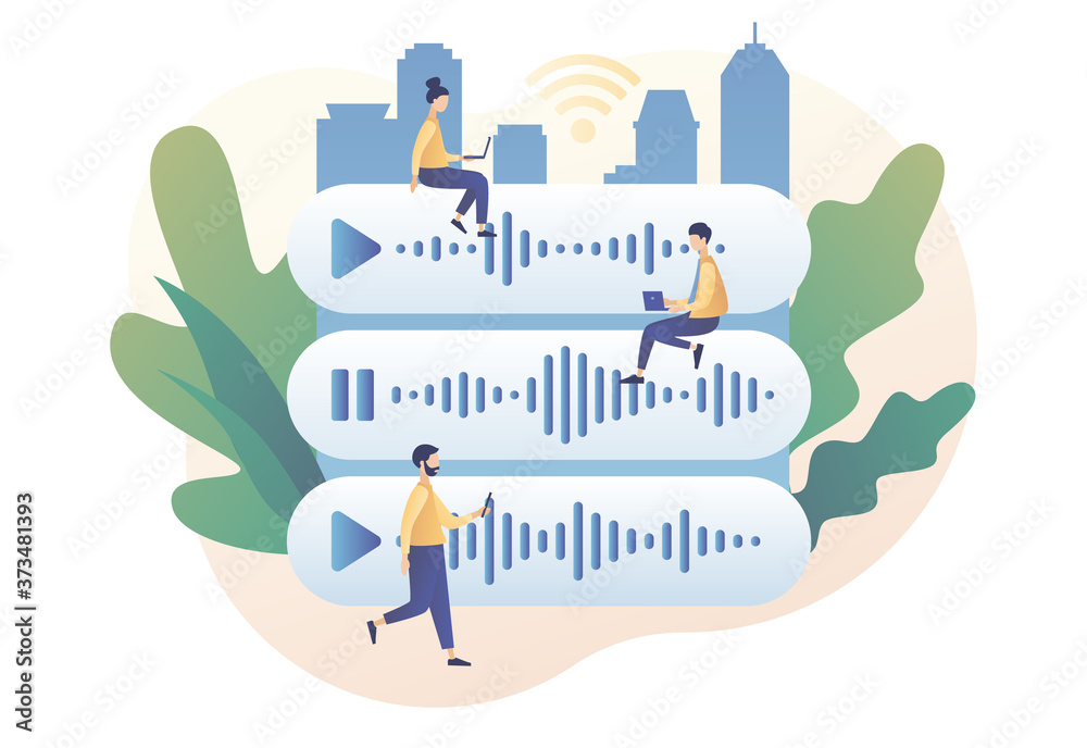 Voice messages concept. Online communication. Tiny people record ...