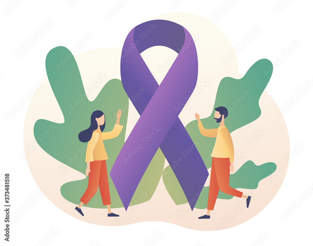 Tiny people and stop violence sign. Purple ribbon as symbol domestic ...