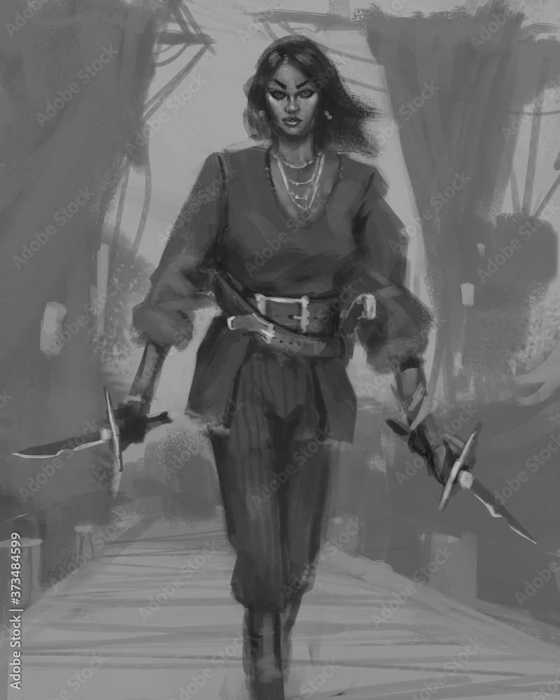 Digital painting of a red demon boss creature with weapons for hands ...