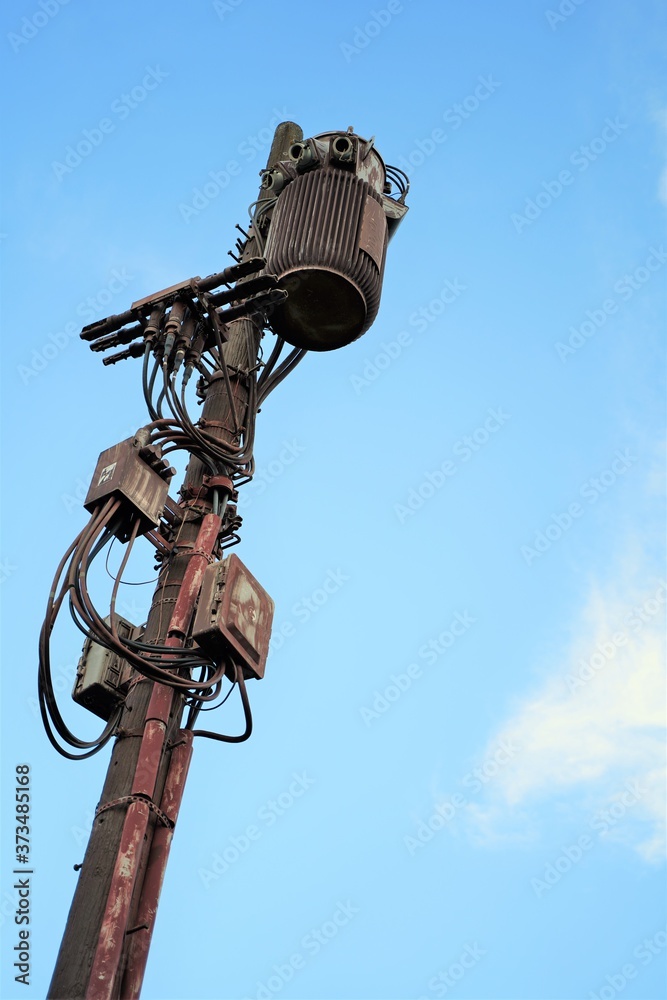 Japanese old style wood electrical pole under blue sky at Koedo Kawagoe ...