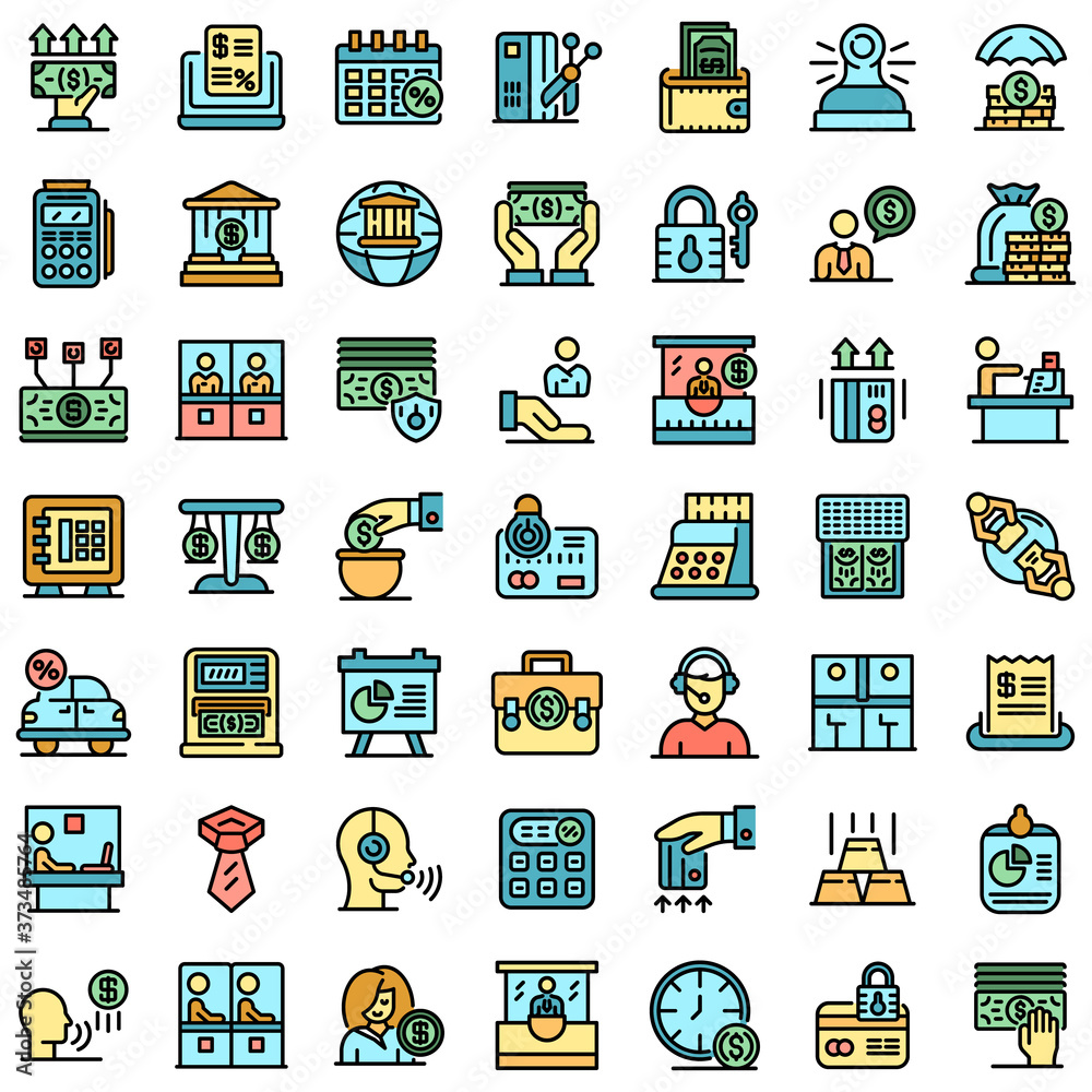 Bank teller icons set. Outline set of bank teller vector icons thin ...