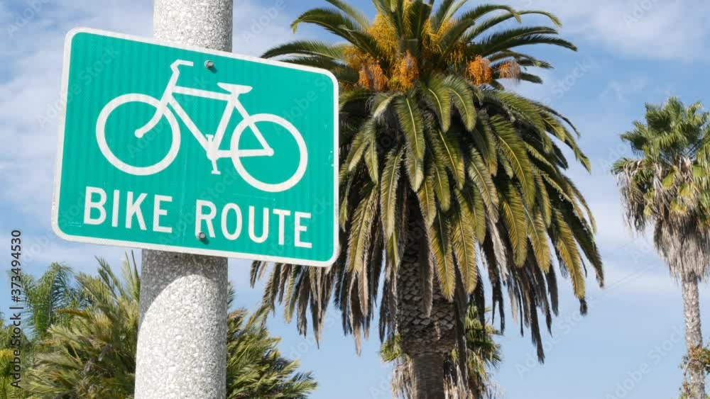 Bike Route green road sign in California, USA. Bicycle lane singpost ...