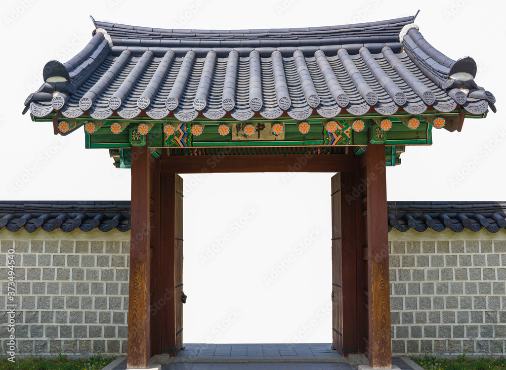 Poster Traditional Seoul palace door open isolated on white background ...