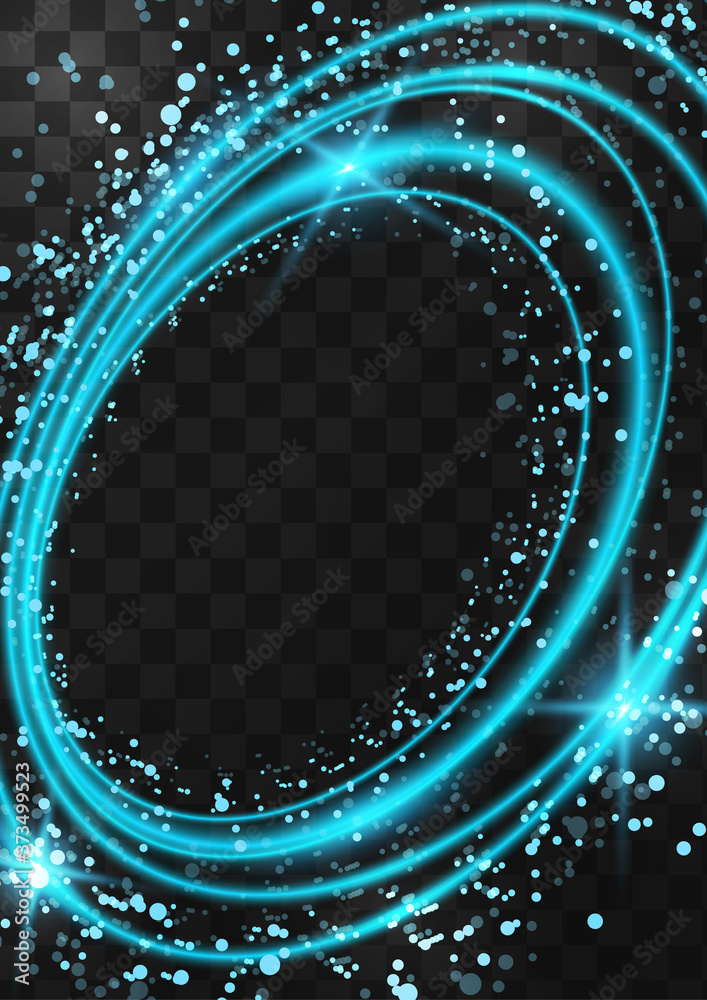 Frame of bright neon blue oval rings with glitter, sparkles and flashes ...