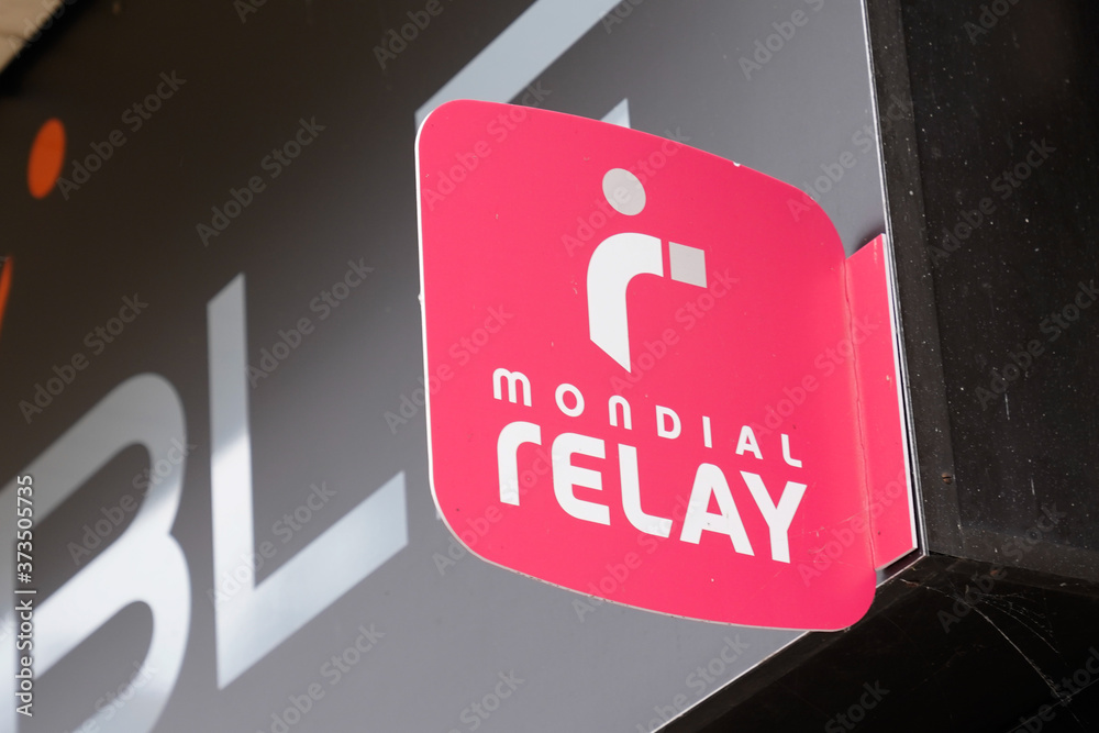 Mondial Relay sign and text logo store front of shop delivery parcel ...